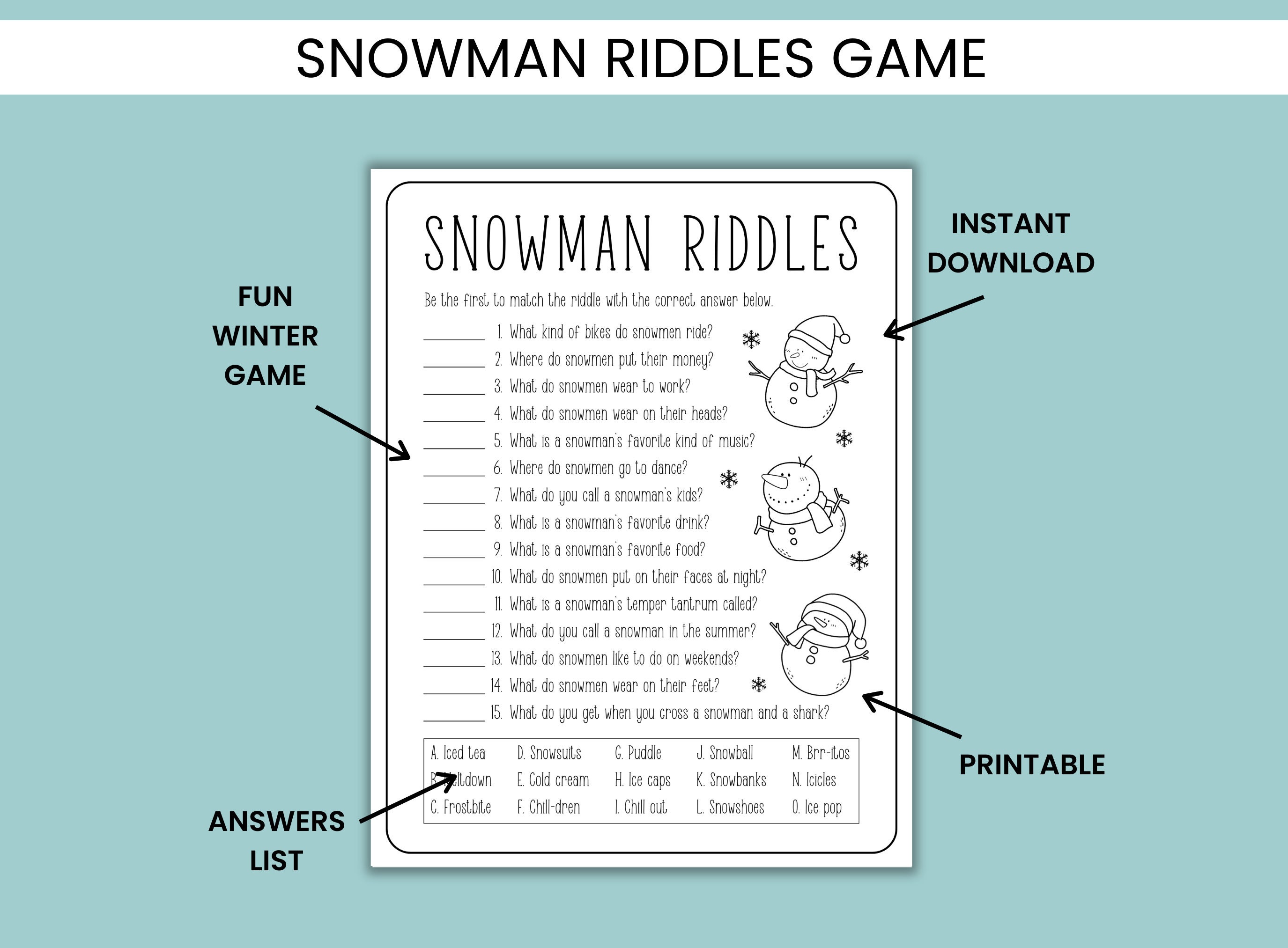 Snowman Riddles, Winter Activities Printable, Riddle Me This, Game for ...