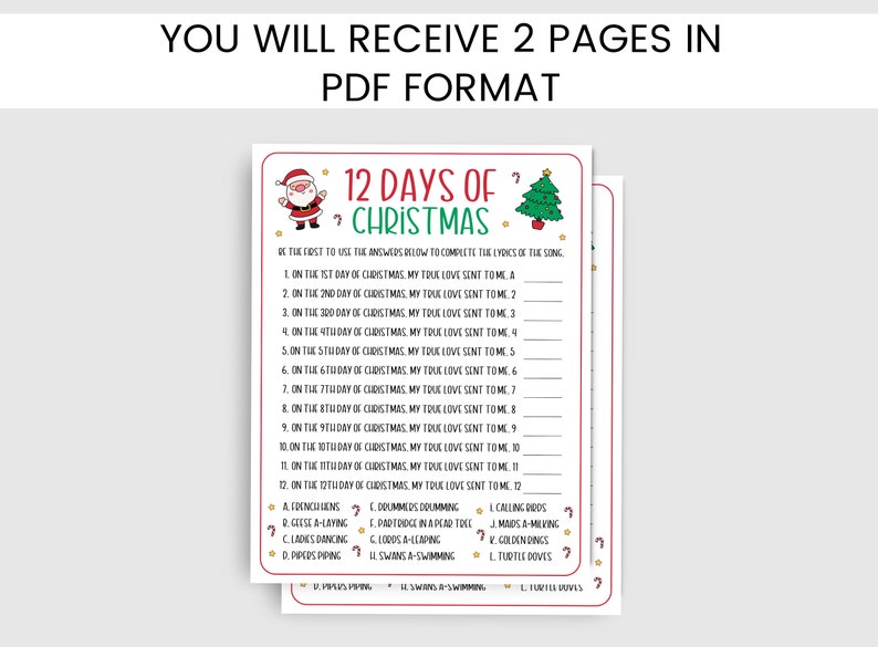 12 Days of Christmas Game, Christmas Matching Game, Family Game Night ...