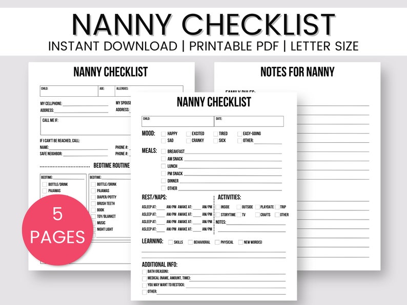 Nanny Checklist Printable PDF, Nanny Notes, Family Rules, Checklist for ...