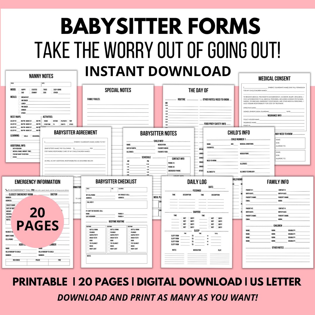 Babysitting Forms, Checklist, Information Sheets, Planner Schedule ...
