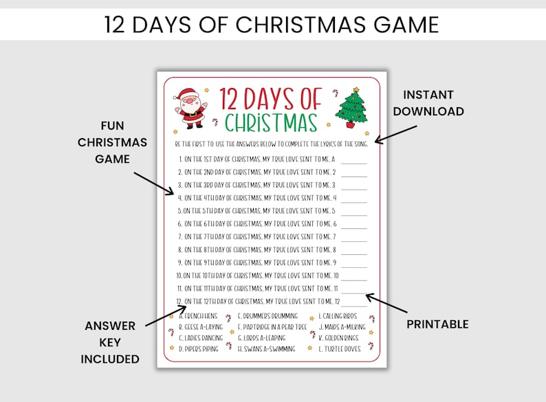 12 Days of Christmas Game, Christmas Matching Game, Family Game Night ...