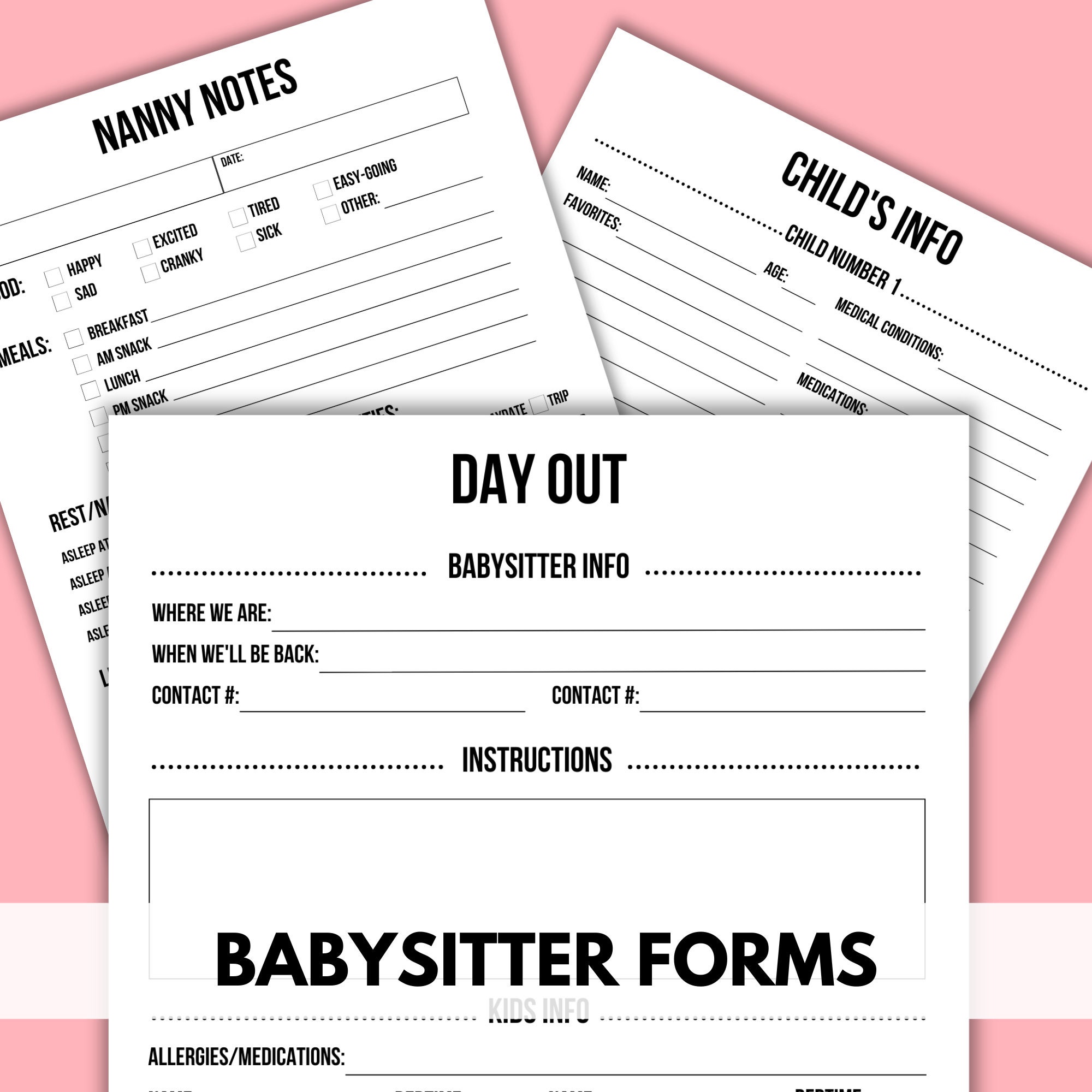Babysitting Forms, Checklist, Information Sheets, Planner Schedule ...