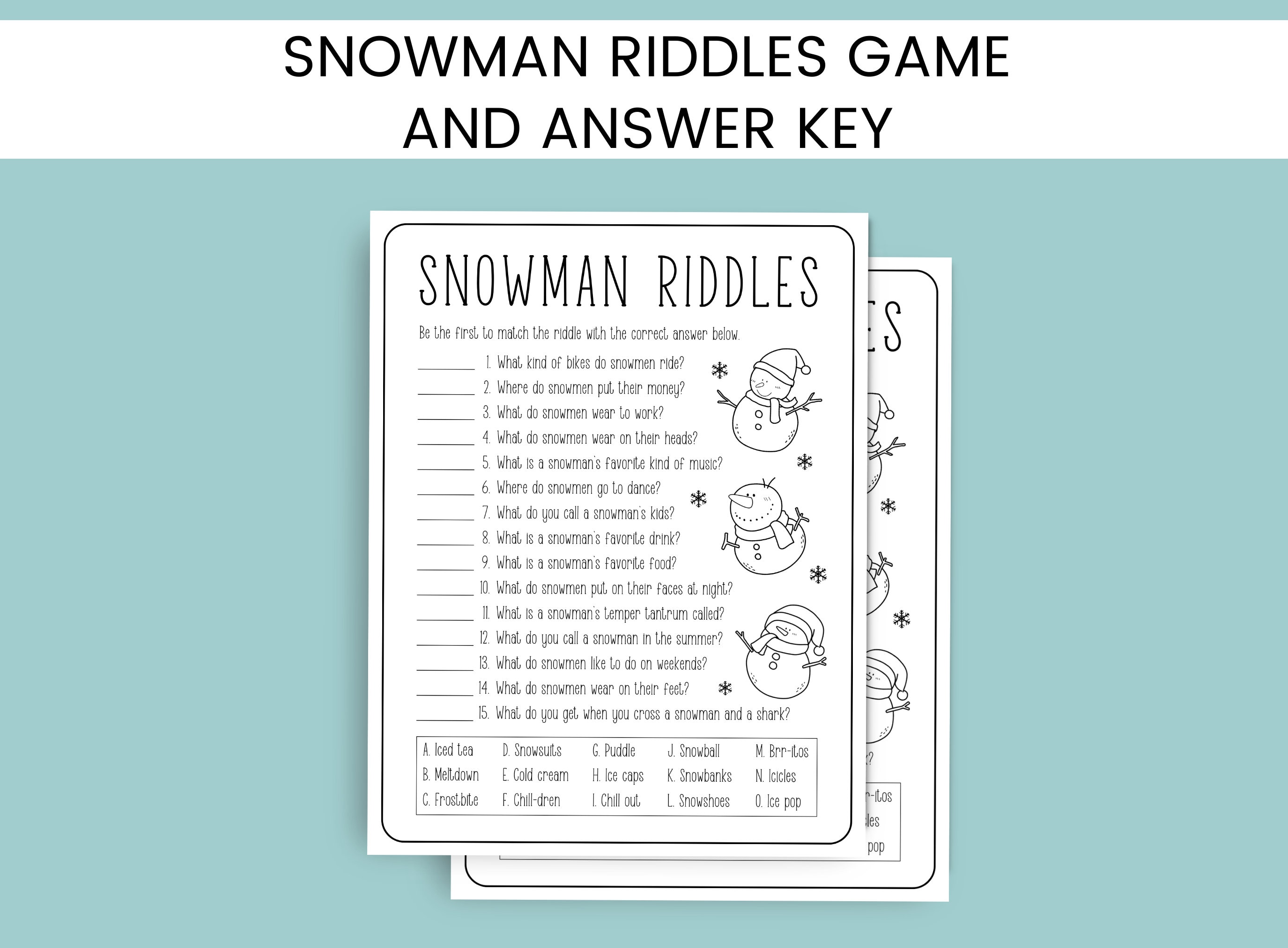 Snowman Riddles, Winter Activities Printable, Riddle Me This, Game for ...