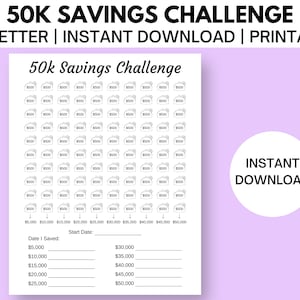 50k Savings Challenge Printable PDF, 50 000 Money Savings Tracker Log ...