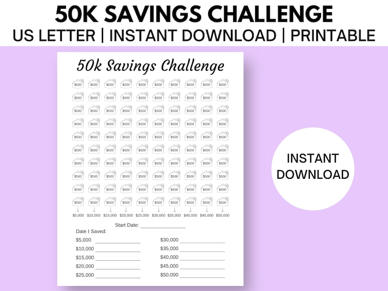 50k Savings Challenge Printable PDF, 50 000 Money Savings Tracker Log ...