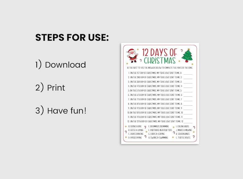 12 Days of Christmas Game, Christmas Matching Game, Family Game Night ...