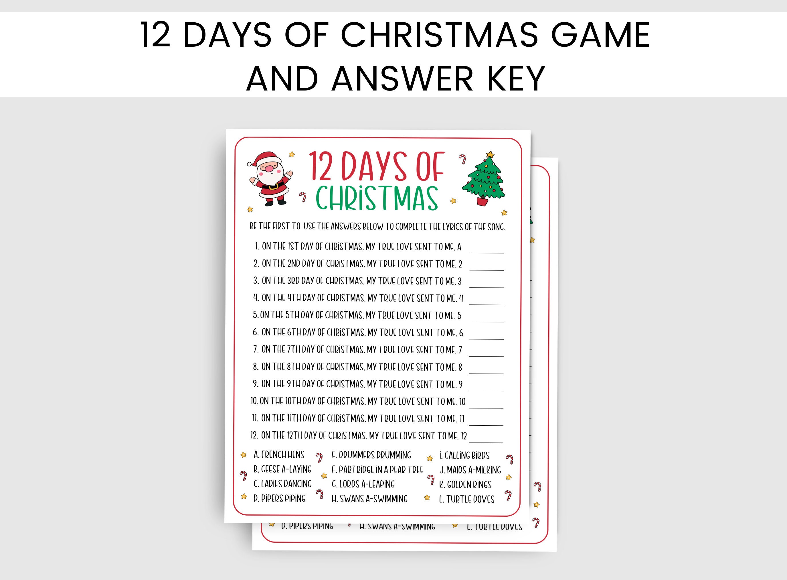 12 Days of Christmas Game, Christmas Matching Game, Family Game Night ...