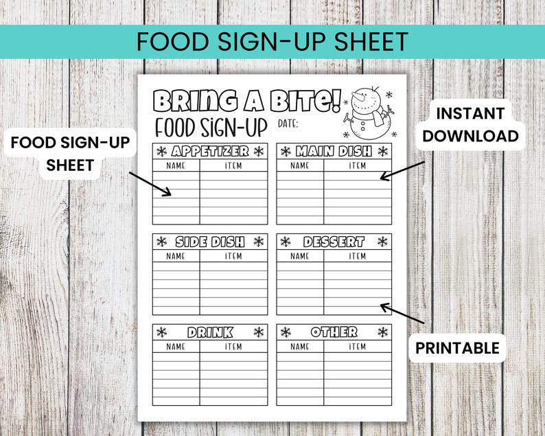 Snowman Food Sign up Sheet, Winter Potluck Signup Sheet, Office Work ...