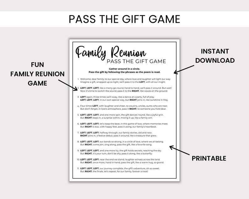 Family Reunion Games, Pass the Gift, Left Right Poem, Reunion Activity ...