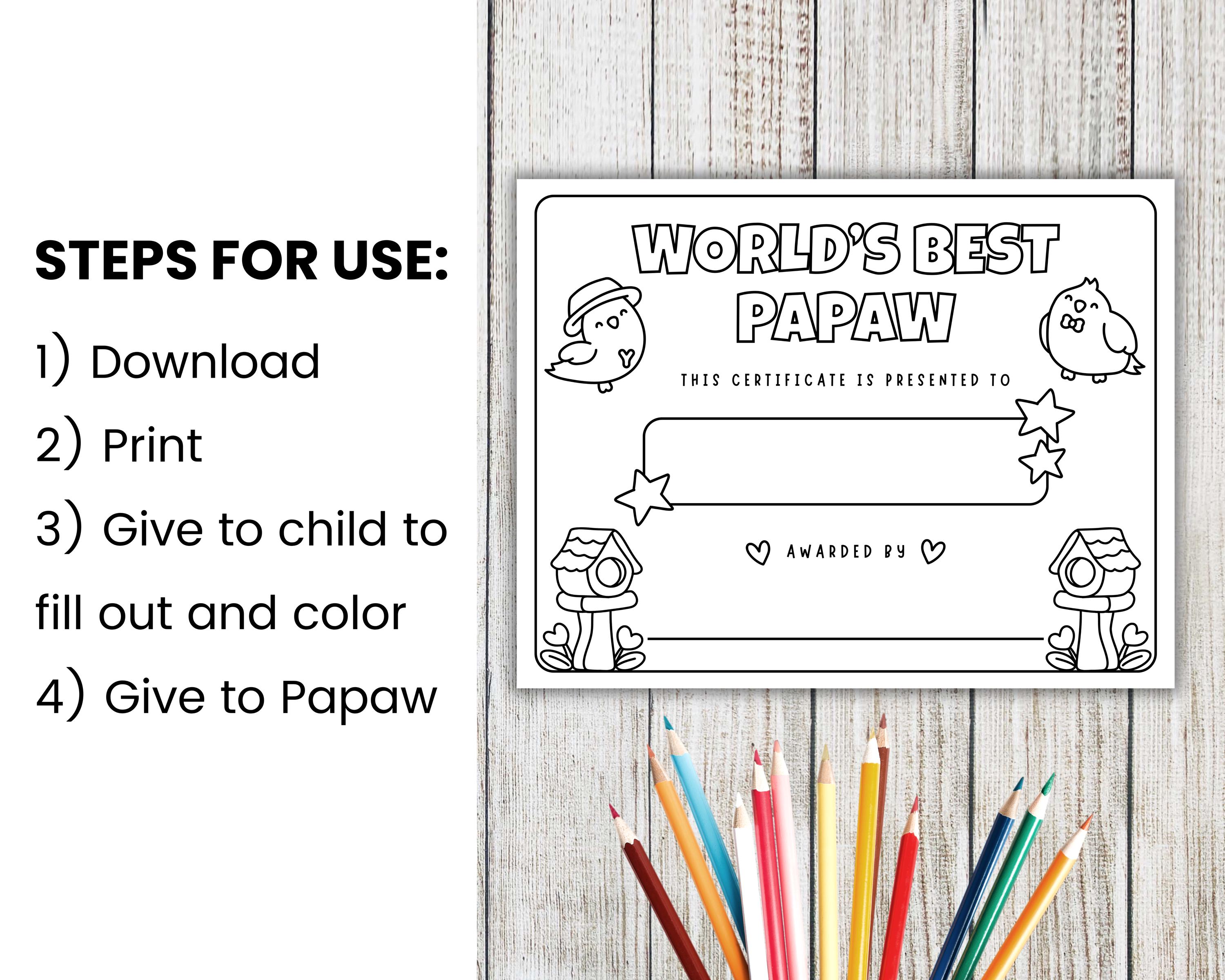 World's Best Papaw Award Coloring Page, Grandparent's Day Activity for ...