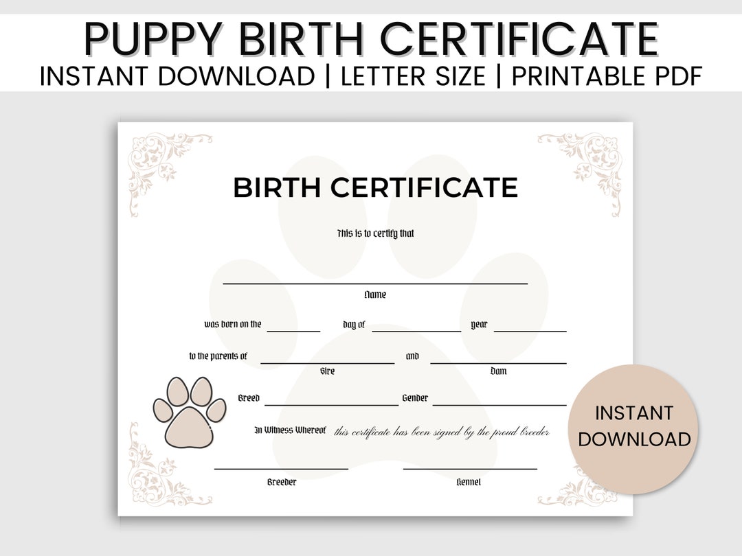 Puppy Birth Certificate, Dog Certificate, New Puppy Gift, Puppy Record ...