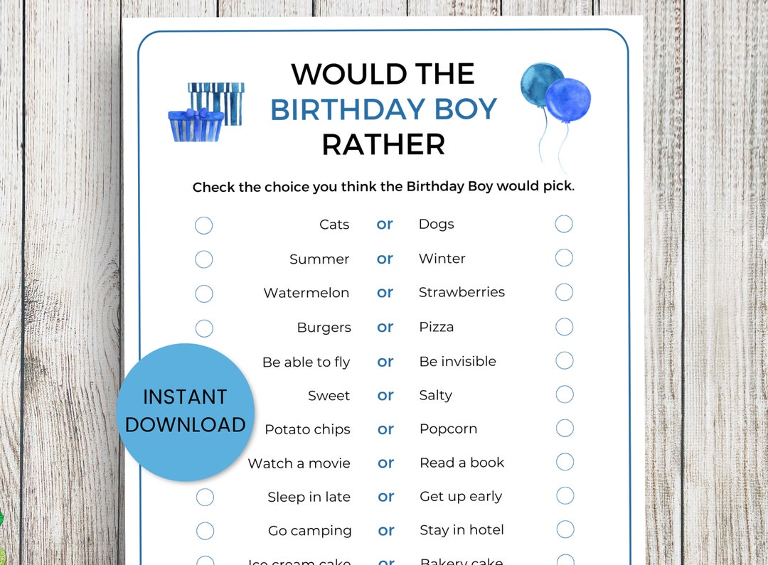 Would the Birthday Boy Rather Game Printable, Birthday Party Games ...