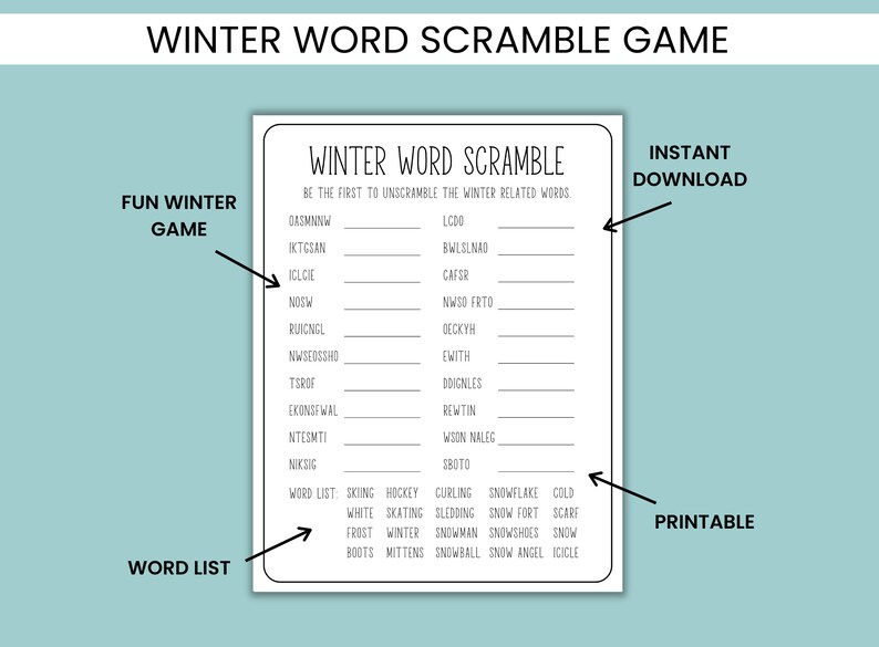 Winter Word Scramble With Answers, Word Game, Games for Kids, Game ...