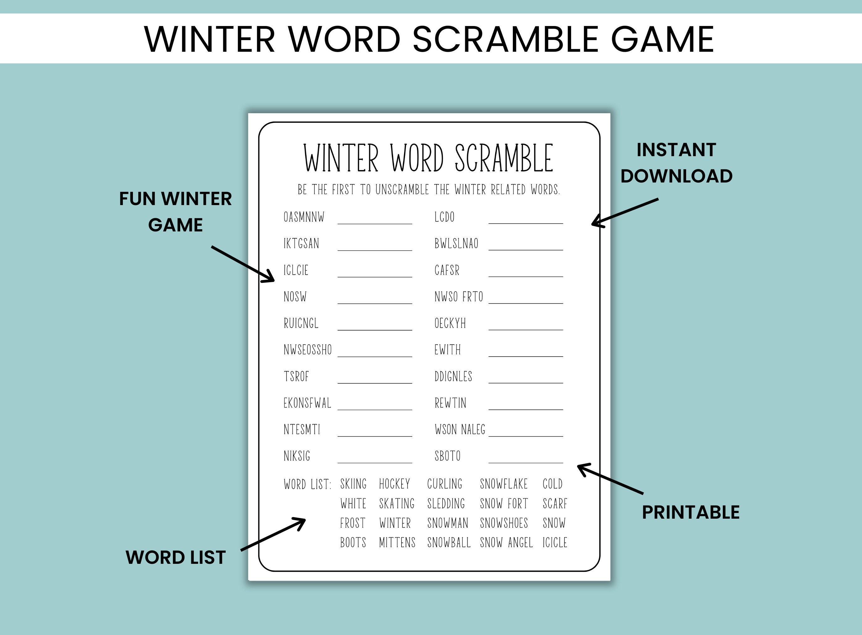 Winter Word Scramble With Answers, Word Game, Games for Kids, Game ...