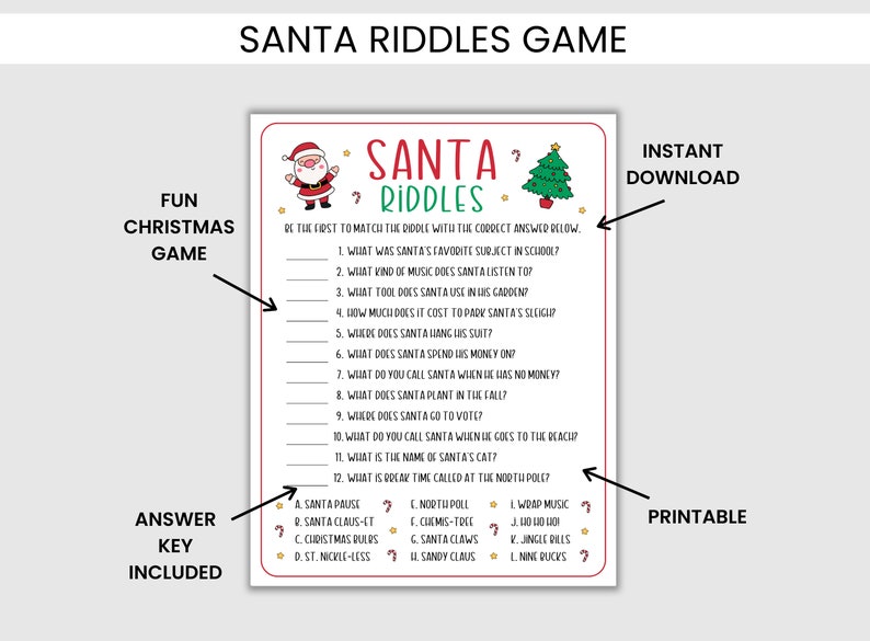 Santa Riddles With Answers, Christmas Riddles, Games for Kids, Games ...