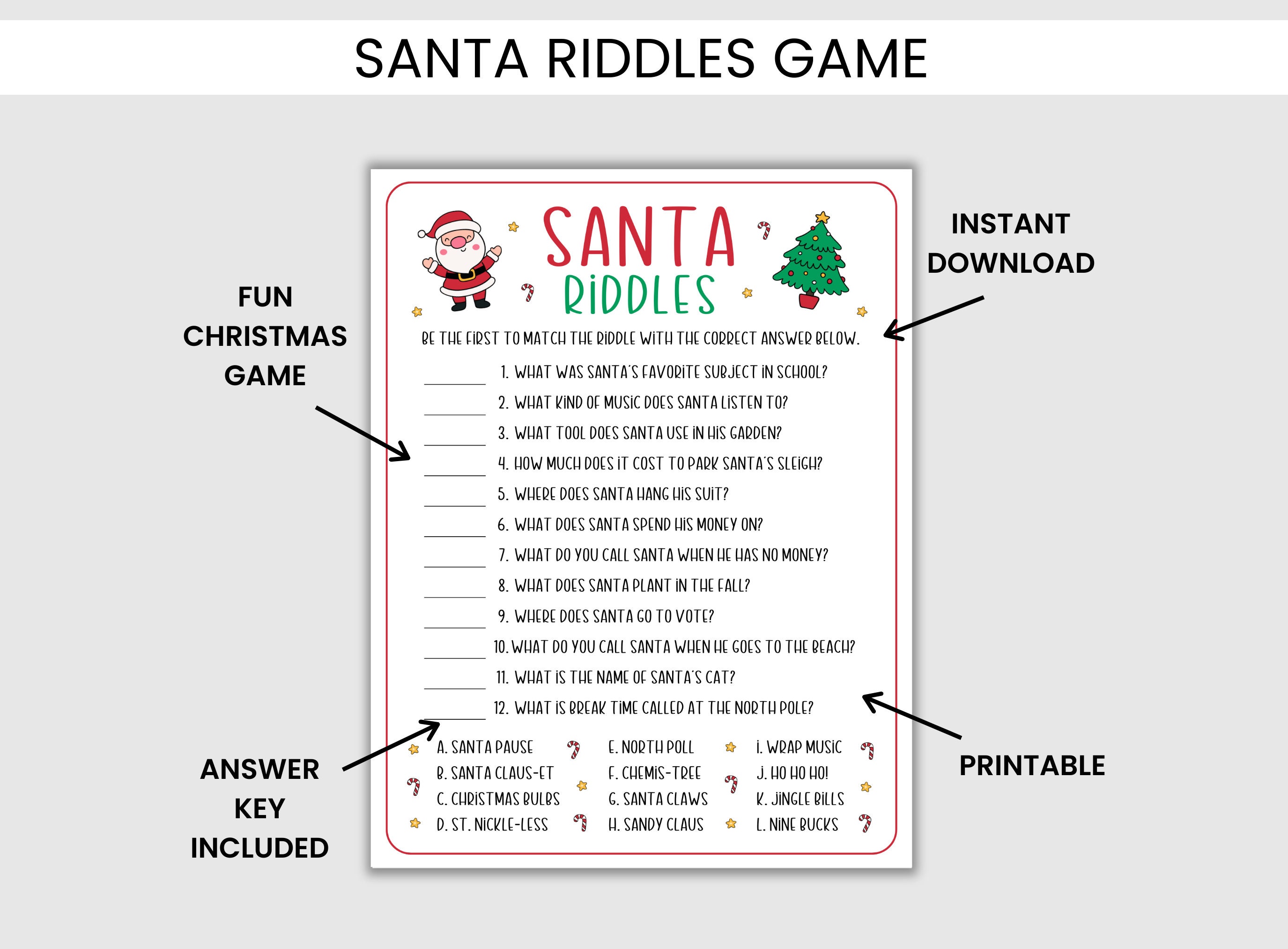 Santa Riddles With Answers, Christmas Riddles, Games for Kids, Games ...