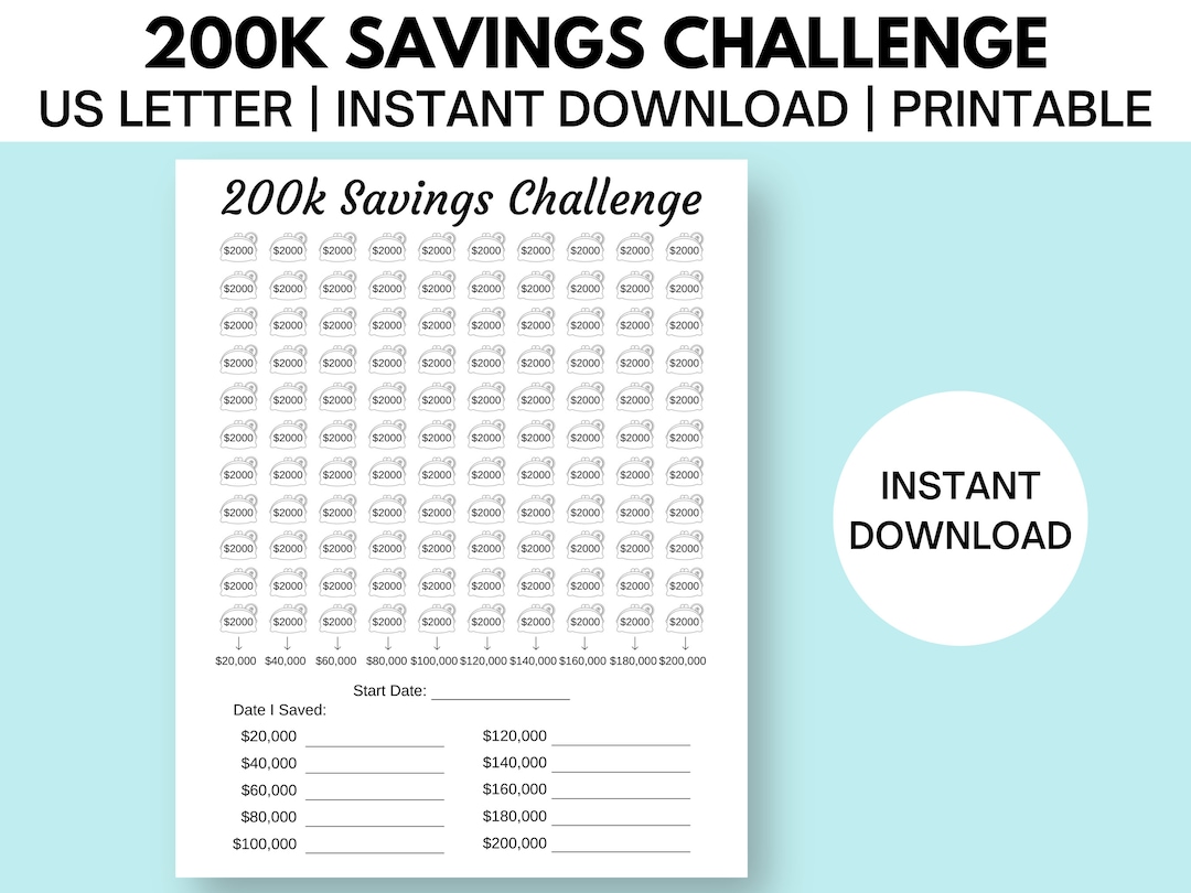 200k Savings Challenge Printable PDF, 200 000 Money Savings Tracker Log ...