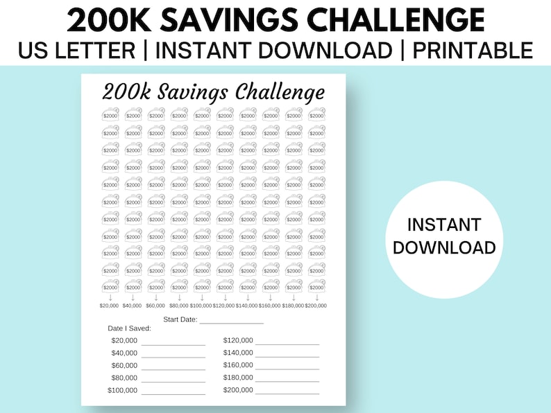 200k Savings Challenge Printable PDF, 200 000 Money Savings Tracker Log ...
