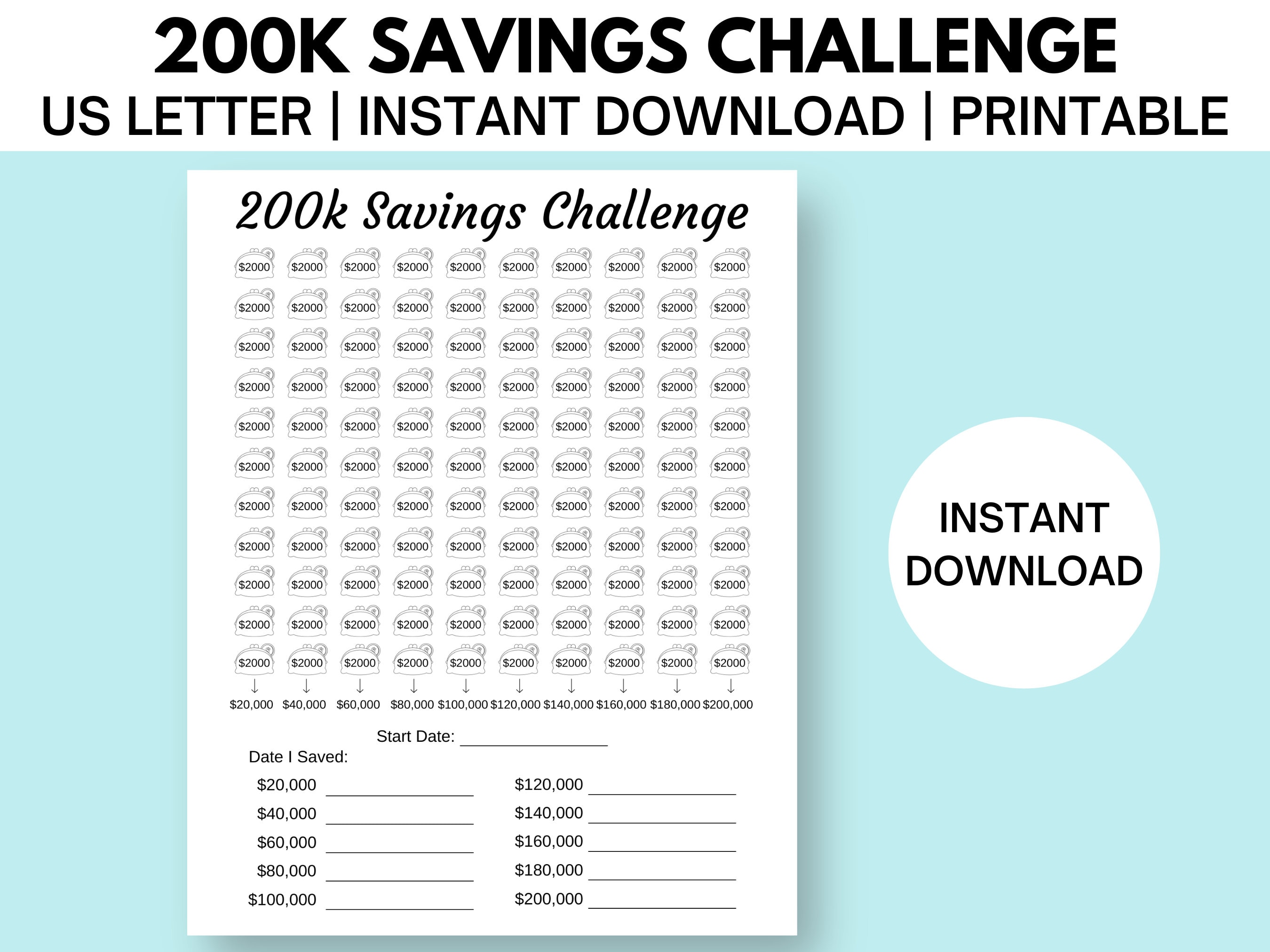 200k Savings Challenge Printable PDF, 200 000 Money Savings Tracker Log ...