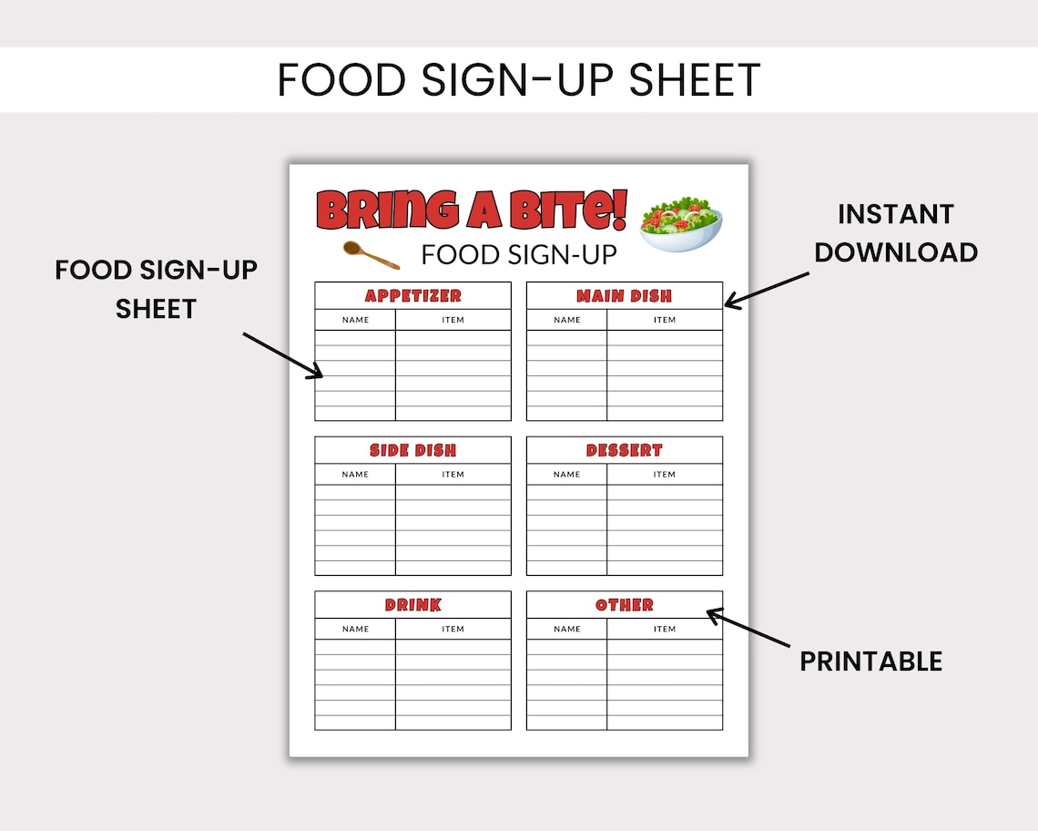 Food Sign up Sheet, Potluck Signup Sheet, Office Work Party ...