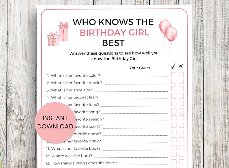 Who Knows the Birthday Girl Best Game Printable, Birthday Party Games ...