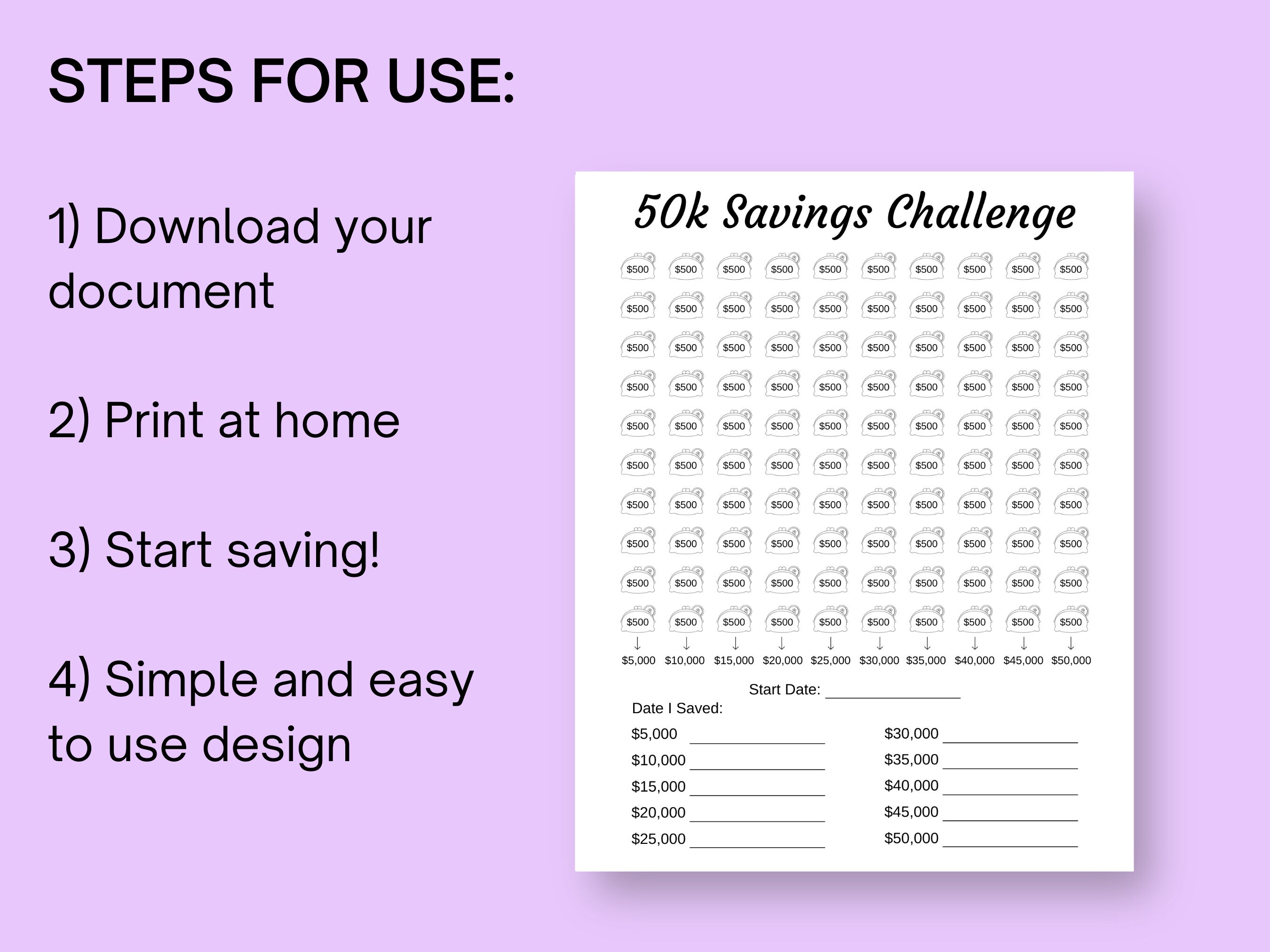 50k Savings Challenge Printable PDF, 50 000 Money Savings Tracker Log ...