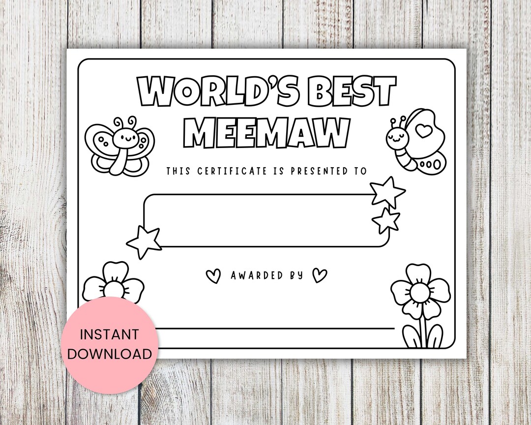 World's Best Meemaw Award Coloring Page, Grandparent's Day Activity for ...