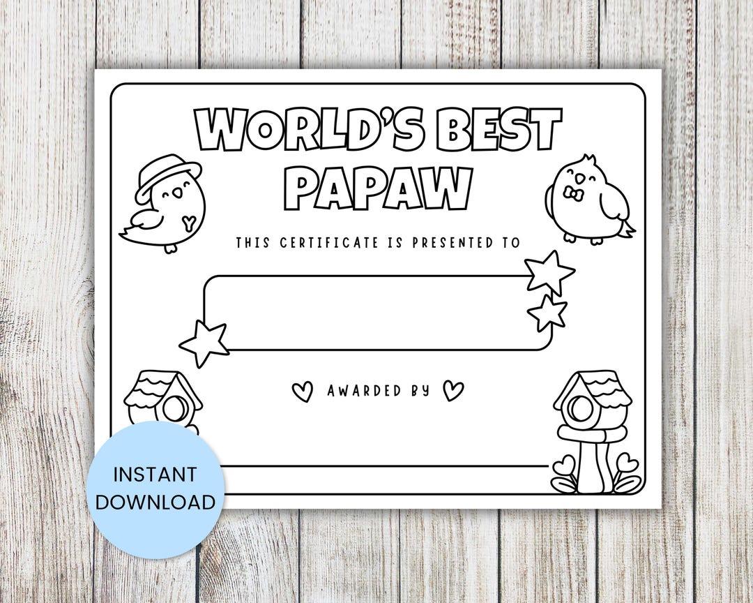 World's Best Papaw Award Coloring Page, Grandparent's Day Activity for ...