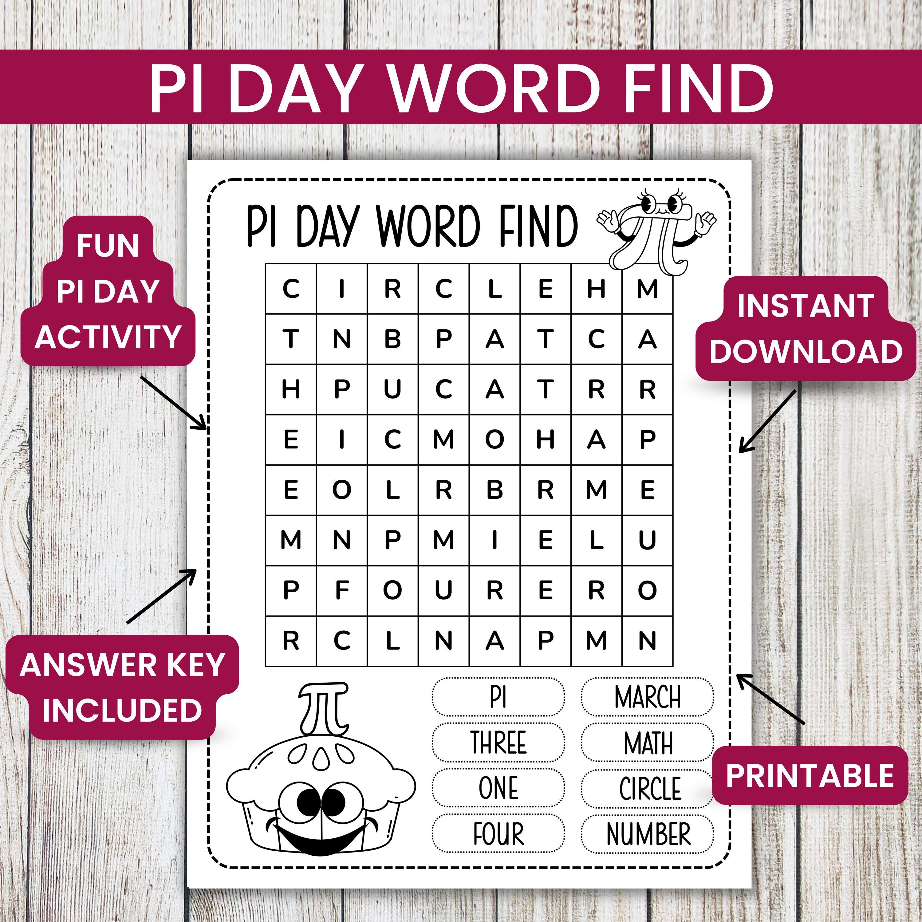 Pi Day Word Find, Word Search Printable, Pi Day Activity for Kids ...