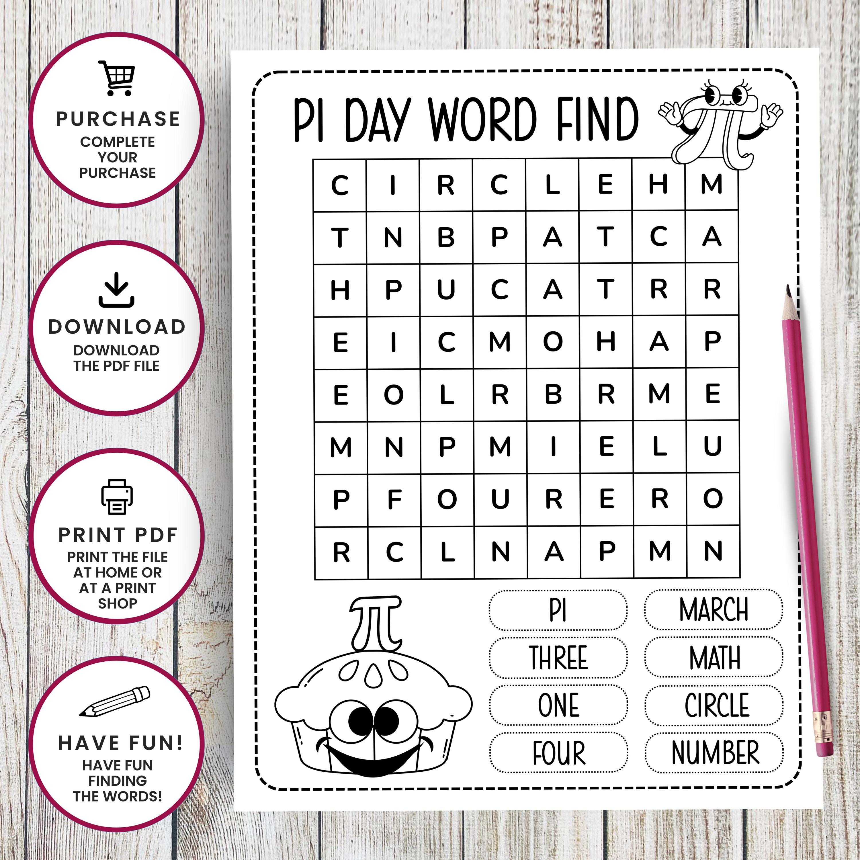 Pi Day Word Find, Word Search Printable, Pi Day Activity for Kids ...