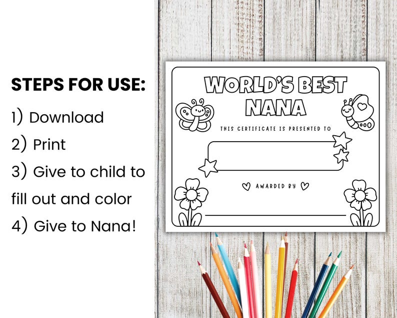 World's Best Nana Award Coloring Page, Grandparent's Day Activity for ...