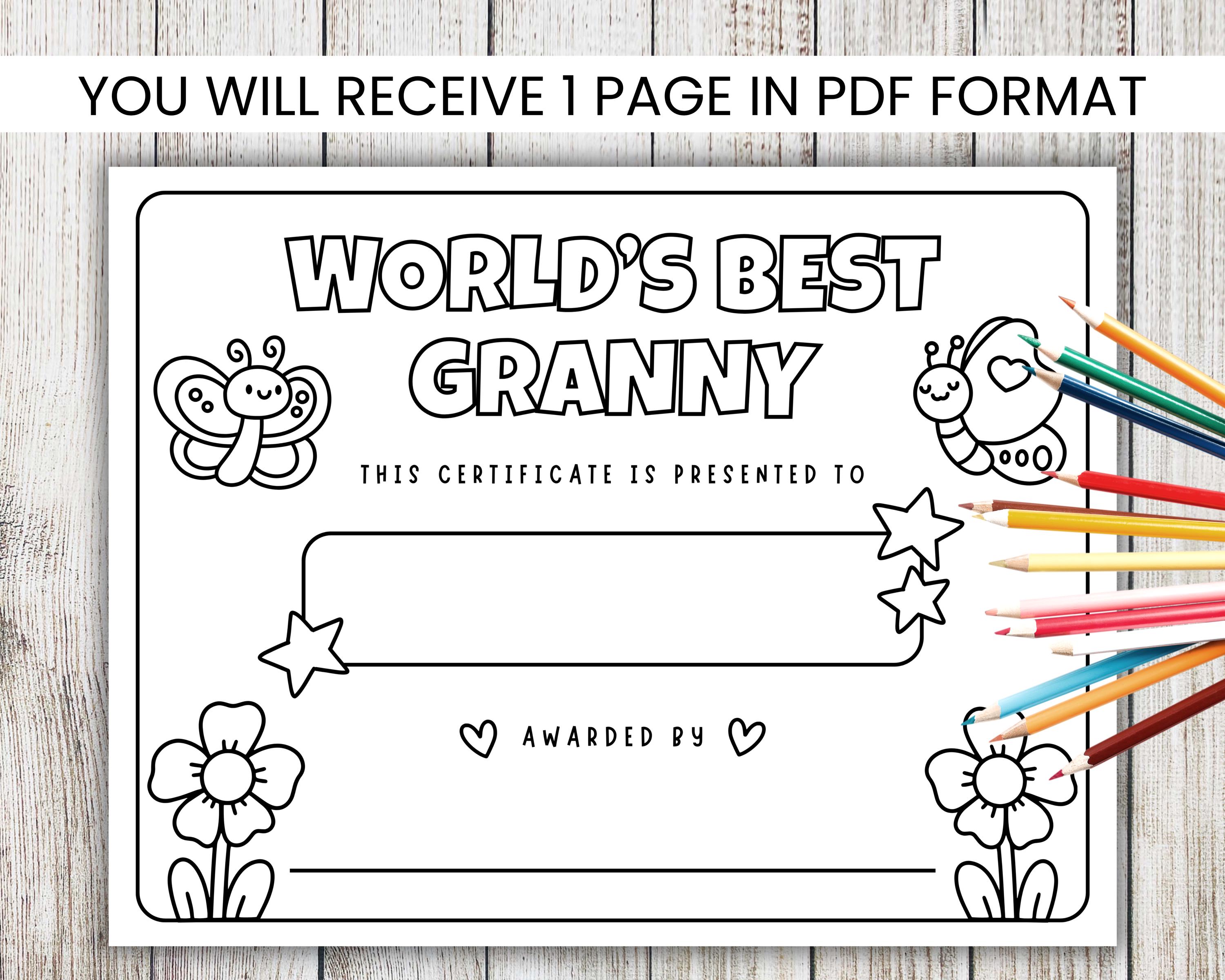 World's Best Granny Award Coloring Page, Grandparent's Day Activity for ...