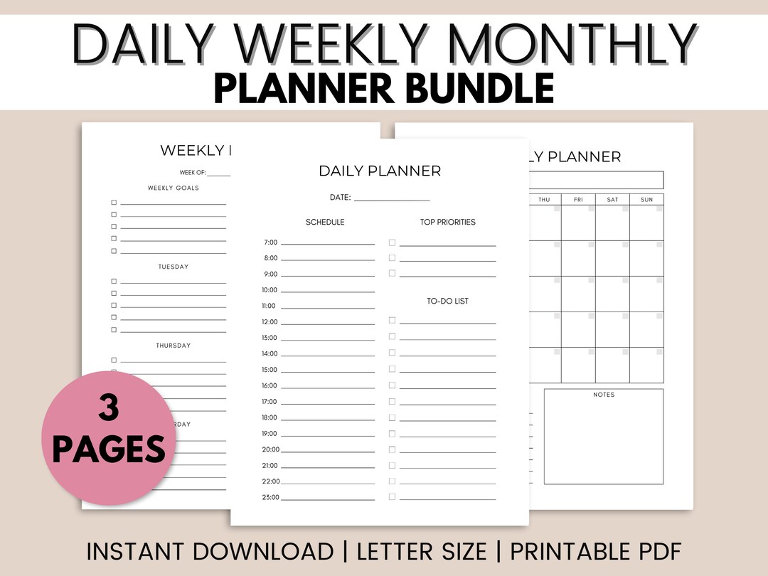 Daily Weekly Monthly Planner Bundle, Daily Schedule, Weekly to Do List ...