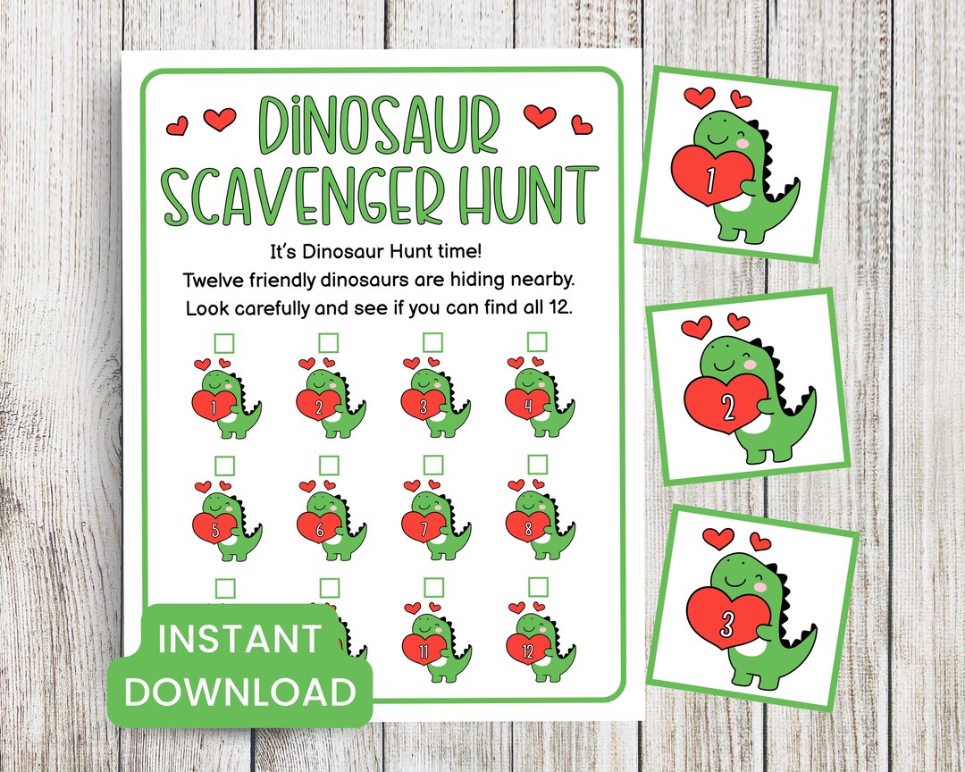 Dinosaur Scavenger Hunt Valentines Day Printable Game, Kids Valentines ...