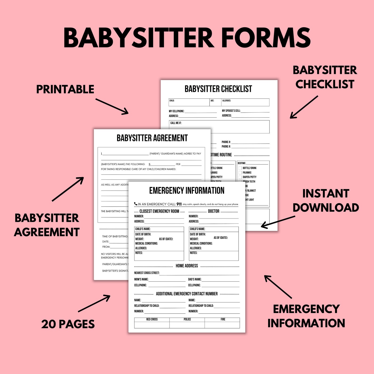 Babysitting Forms, Checklist, Information Sheets, Planner Schedule ...