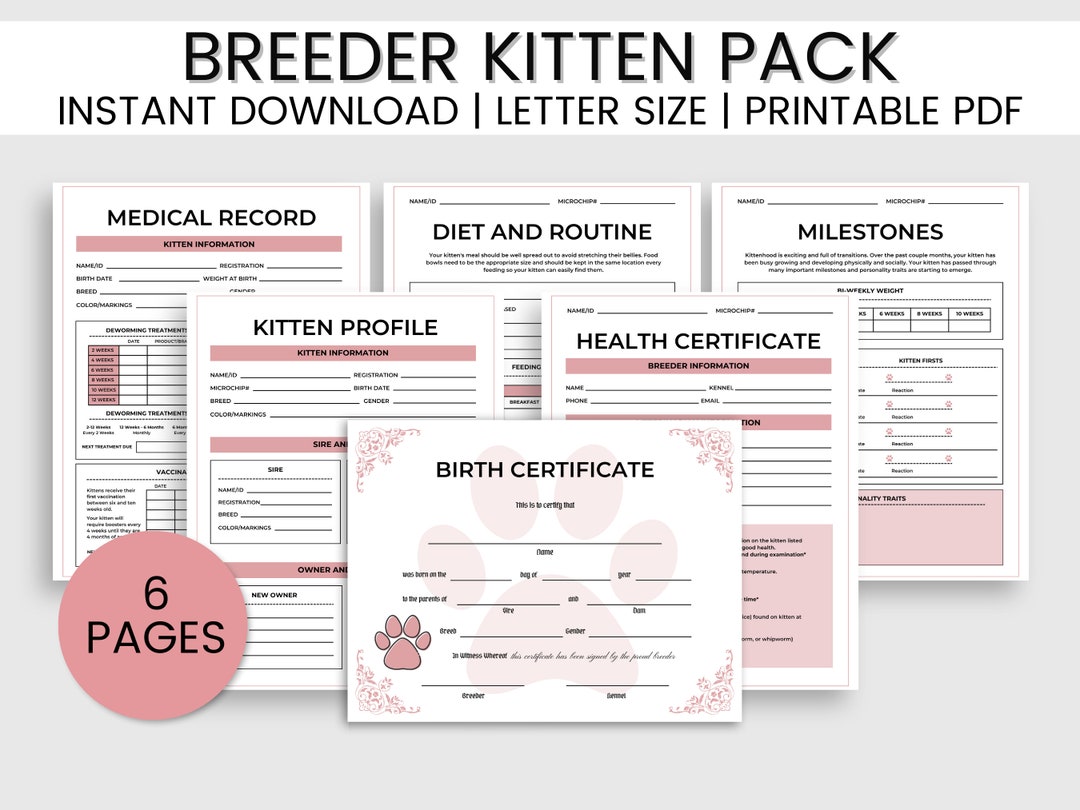 Cat Breeder Forms, Breeder Kitten Pack, Cat Breeder Records, Printable ...