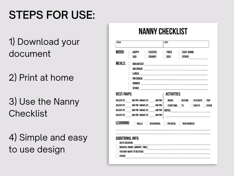 Nanny Checklist Printable PDF, Nanny Notes, Family Rules, Checklist for ...