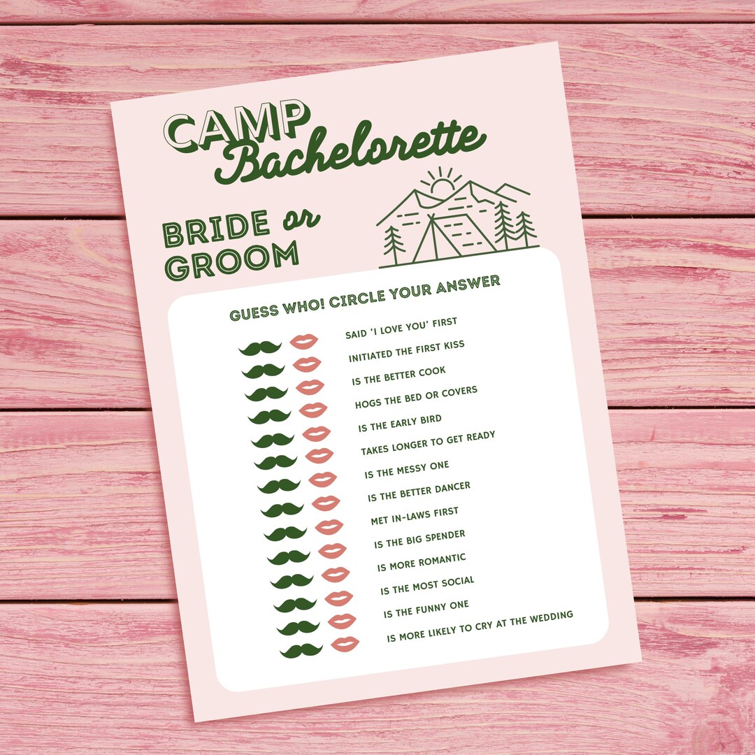 Camp Bachelorette Party Game, Bride or Groom Guessing Game, Camping ...