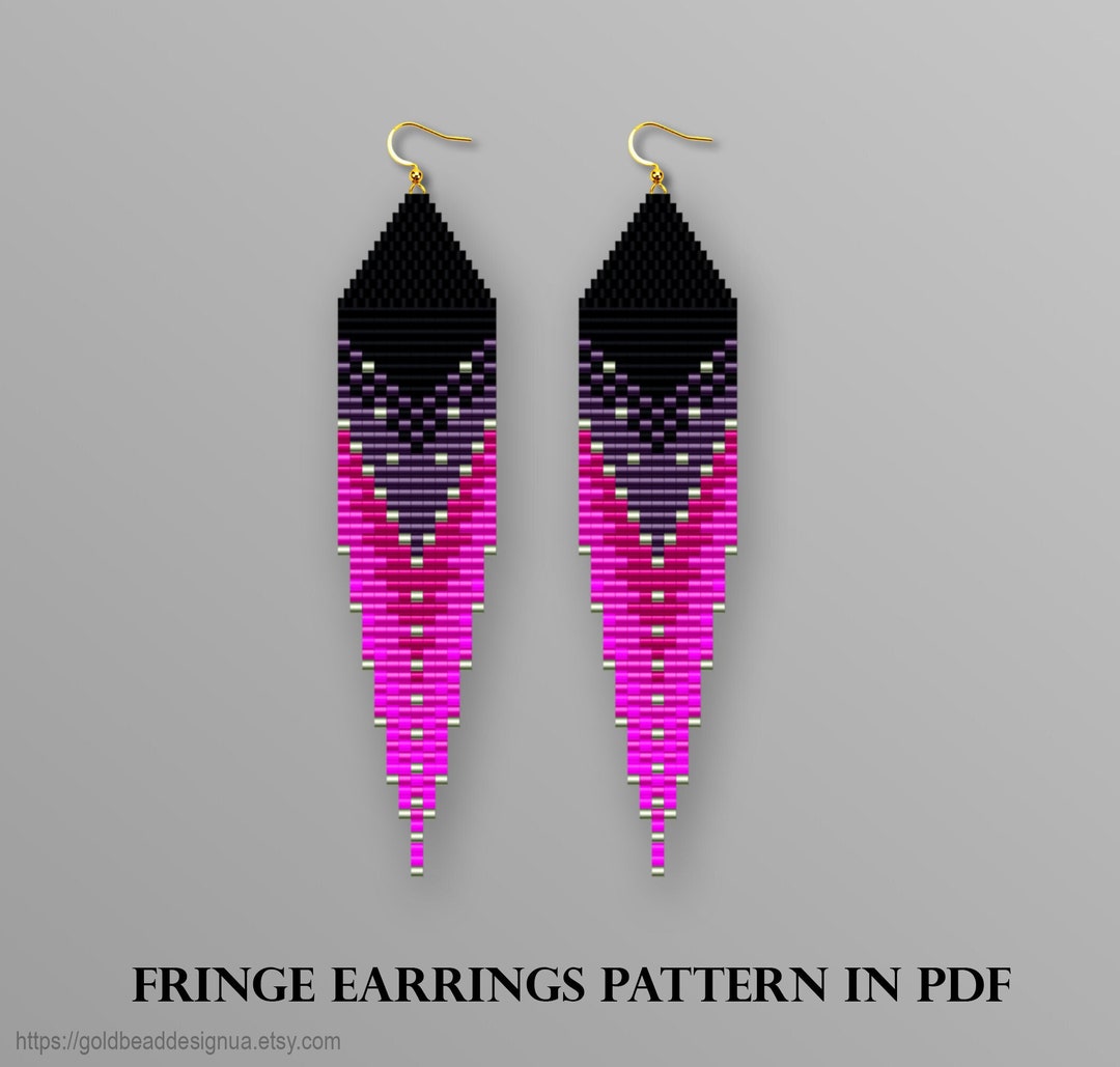 Black Silver and Purple- Long Fringe Beaded Earrings PDF Pattern, Gradient Bright Fuchsia ...