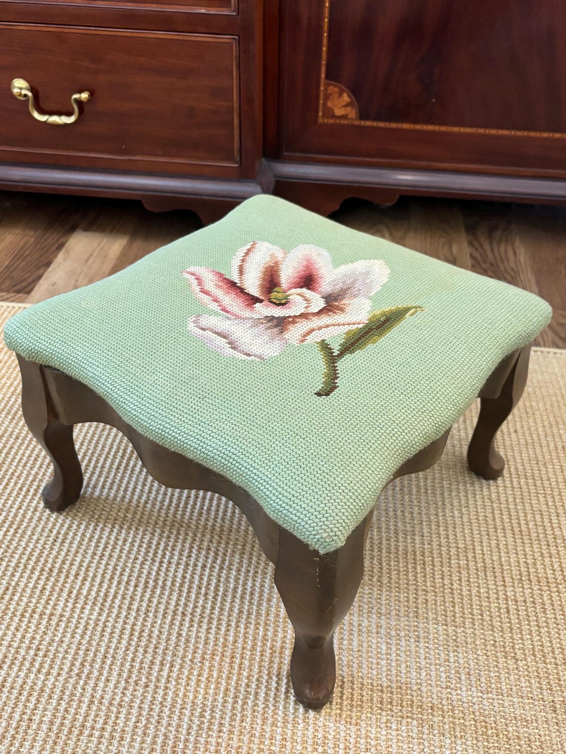 Antique Hand Stitched Embroidered Floral Foot Stool Bench - Etsy