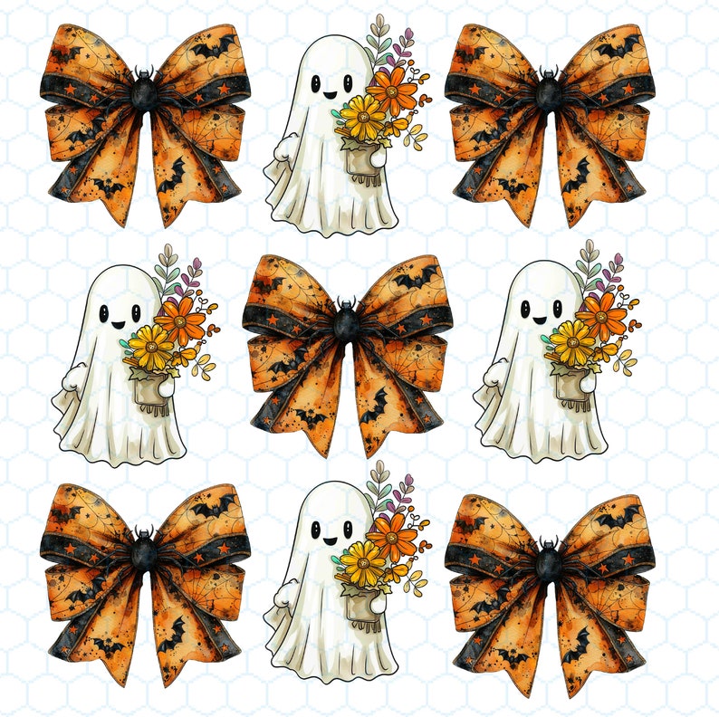 Retro Halloween PNG, Coquette Ghost and Pumpkin Bow Clipart Digital ...