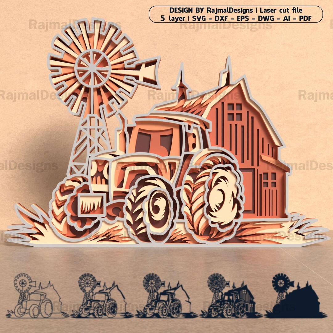 Layered Farm Scene SVG: Tractor, Barn, Windmill (laser Cut File ...