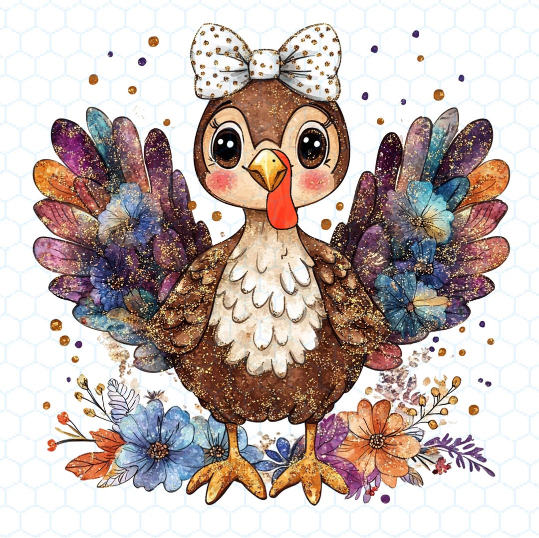 Glitter Thanksgiving Turkey PNG Girly Coquette Bow and Floral ...