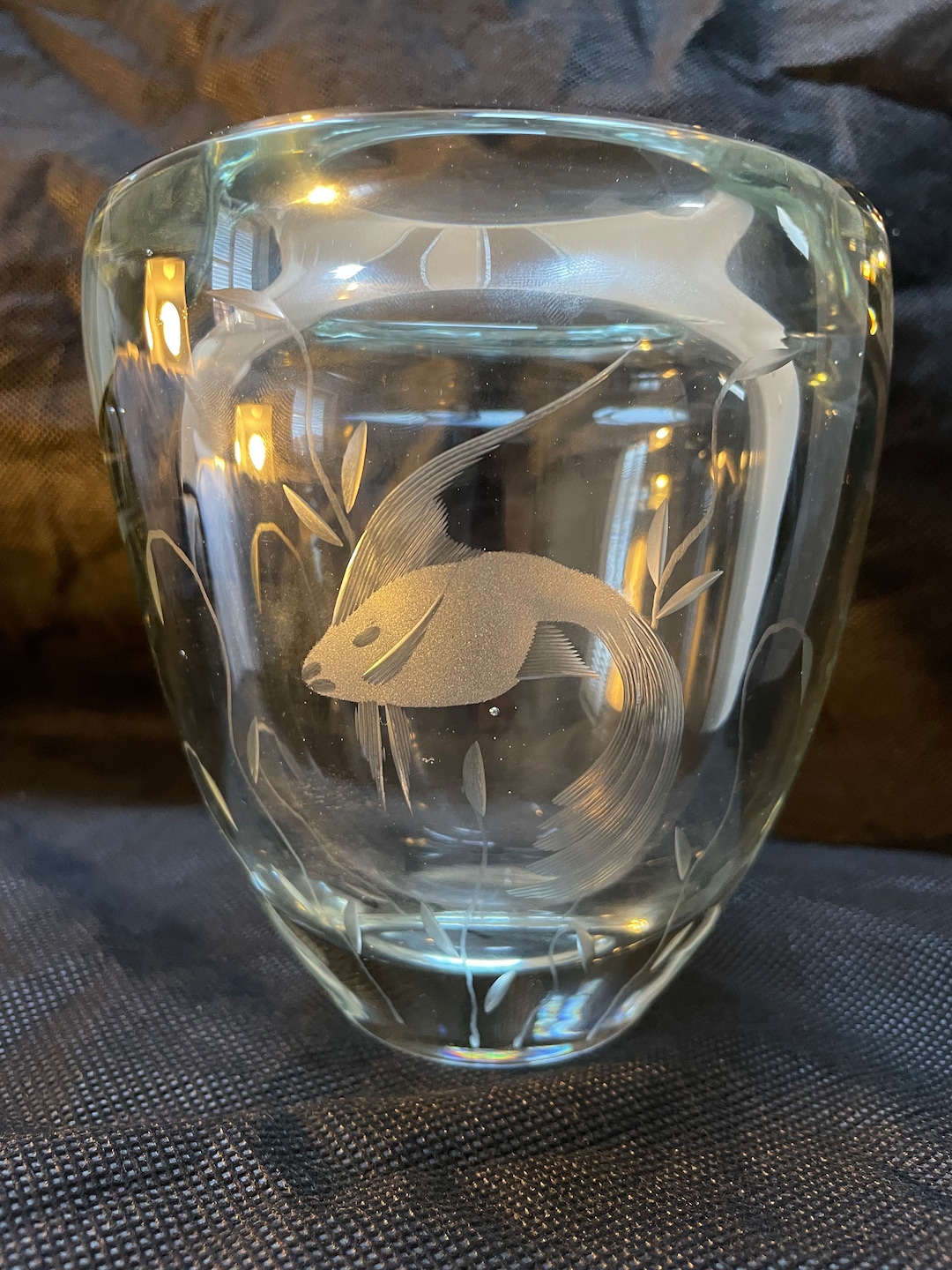 Swedish Strombergsyttan Crystal Art Glass Vase Etched Coy Fish Rare ...