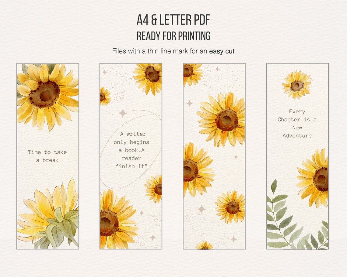 Sunflower Bookmarks, Cozy Printable Markers, Simple Yellow Bookmark Set ...