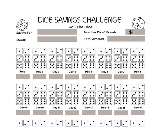 Printable Roll the Dice Savings Challenge Game, Money Savings Challenge ...