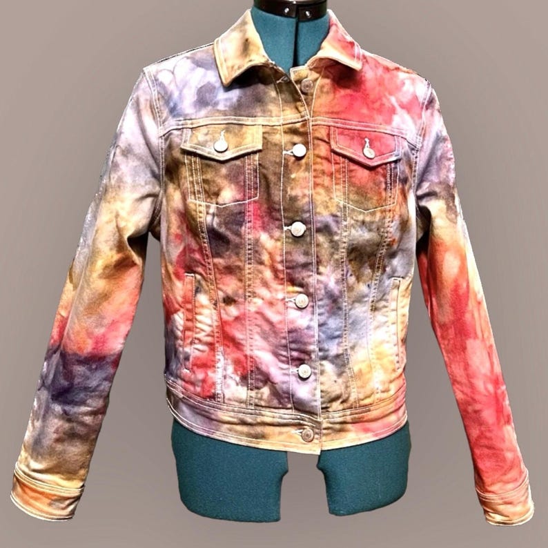 Large Rainbow Tie Dye Denim Jacket, Hand Ice Dyed Bright Color Festival ...
