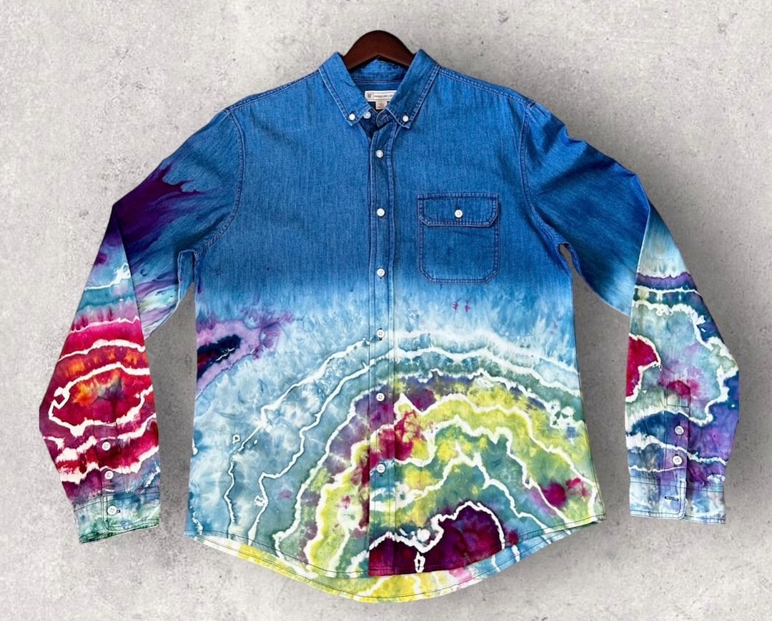 Mens Tie Dye Button Down Shirt, Geode Tied, Mens Large, Hand Ice Dyed ...