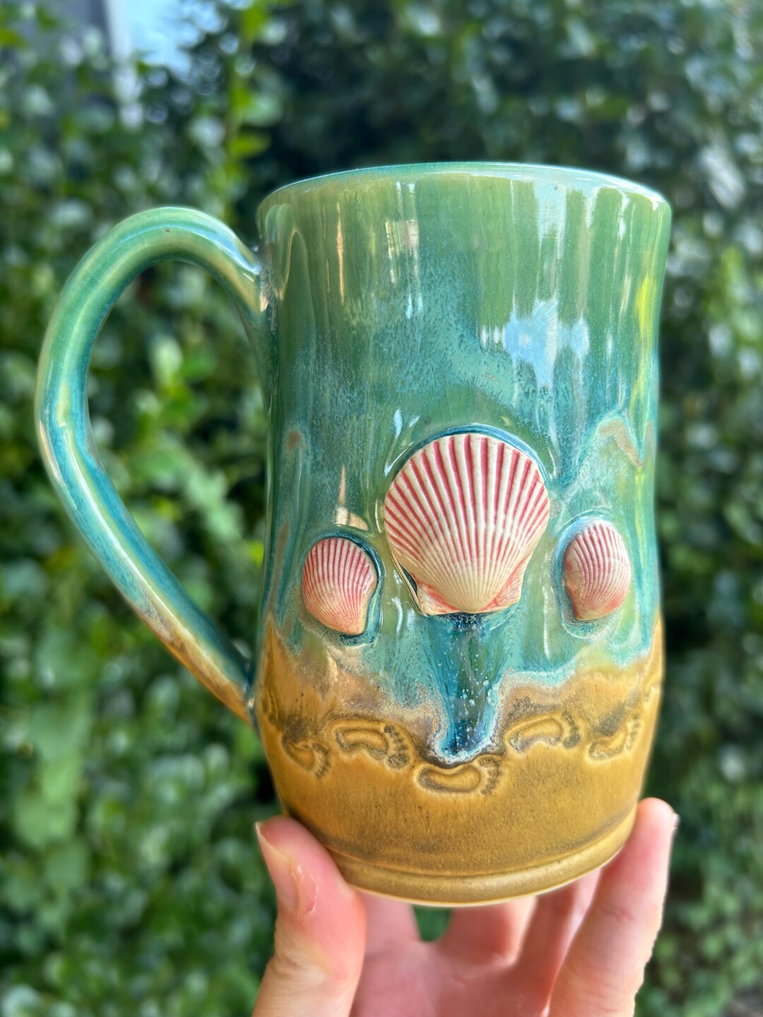 Handmade Seashell Pottery Mug, Beach Pottery Mug, Footprints on the ...