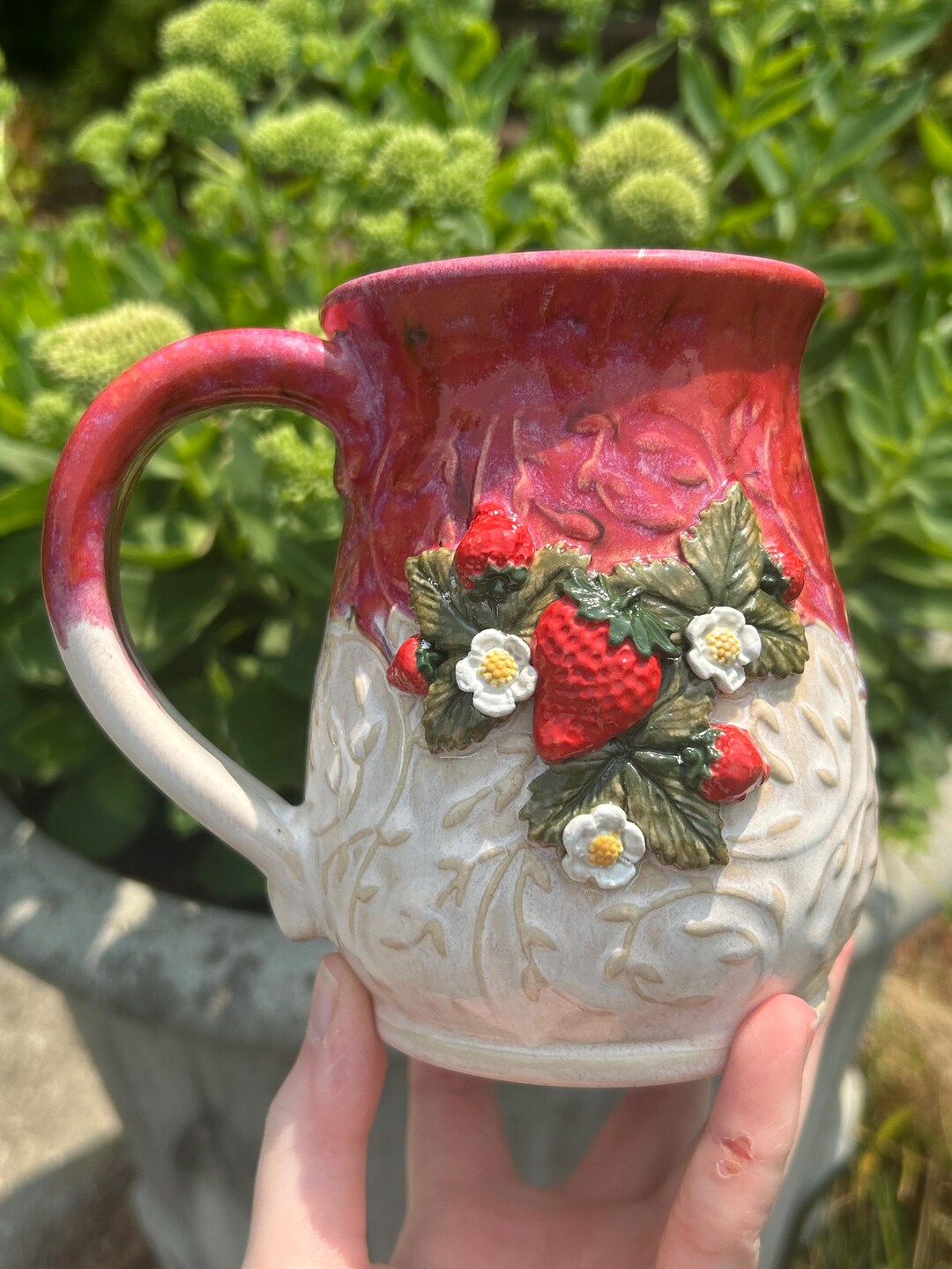 Beautiful Handmade Strawberry Pottery Mug, Strawberries and Cream Glaze ...